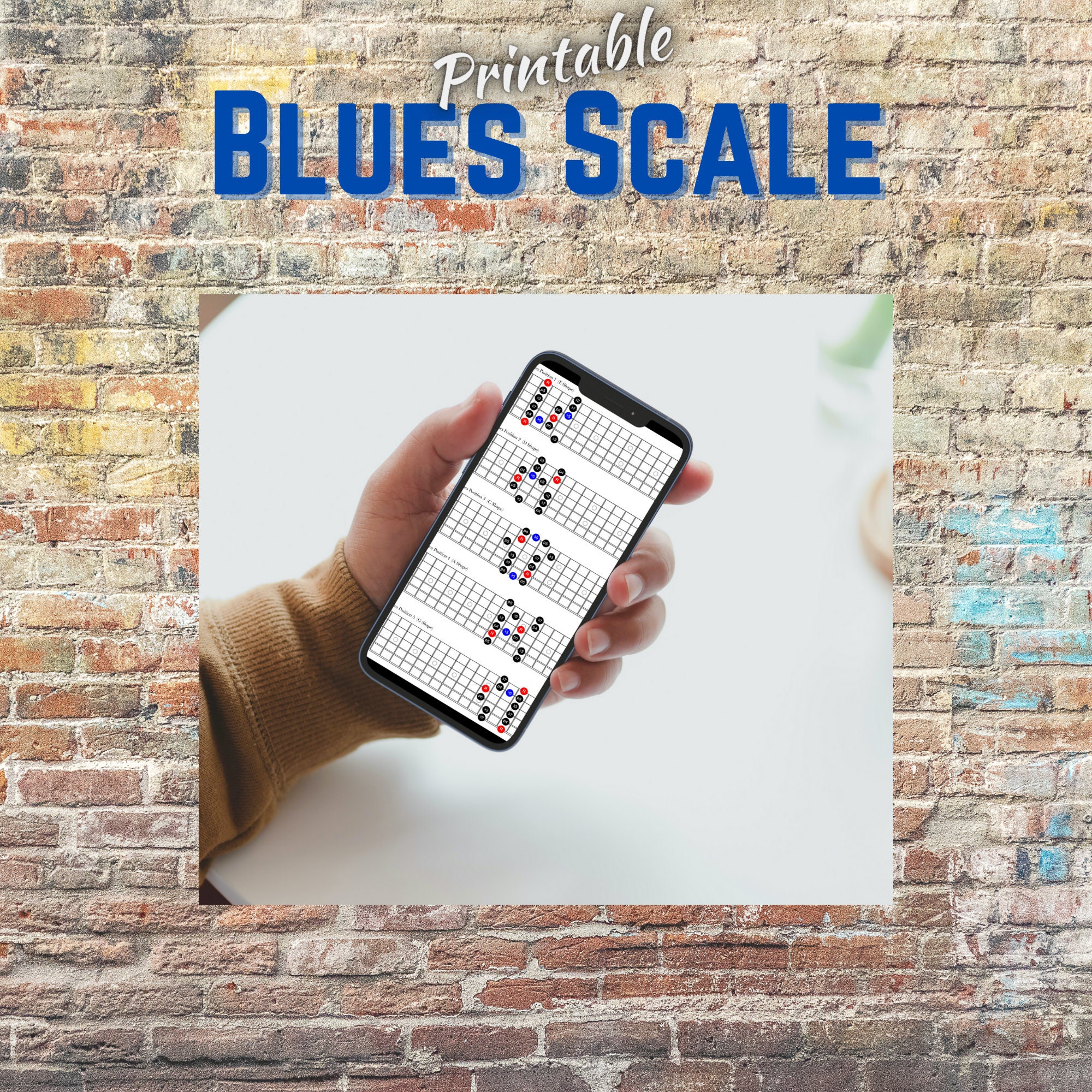 Blues Scale for Guitar. Highlighted Root and Blues Notes. All 5 ...