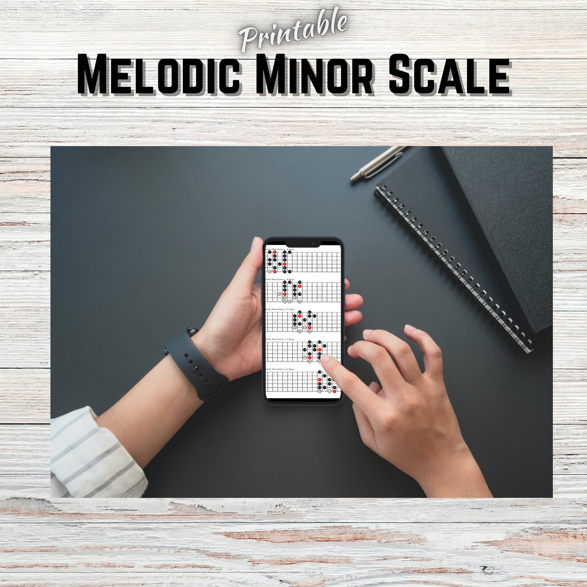 Melodic Minor Scales for Guitar. All 5 Positions. Printable Digital ...