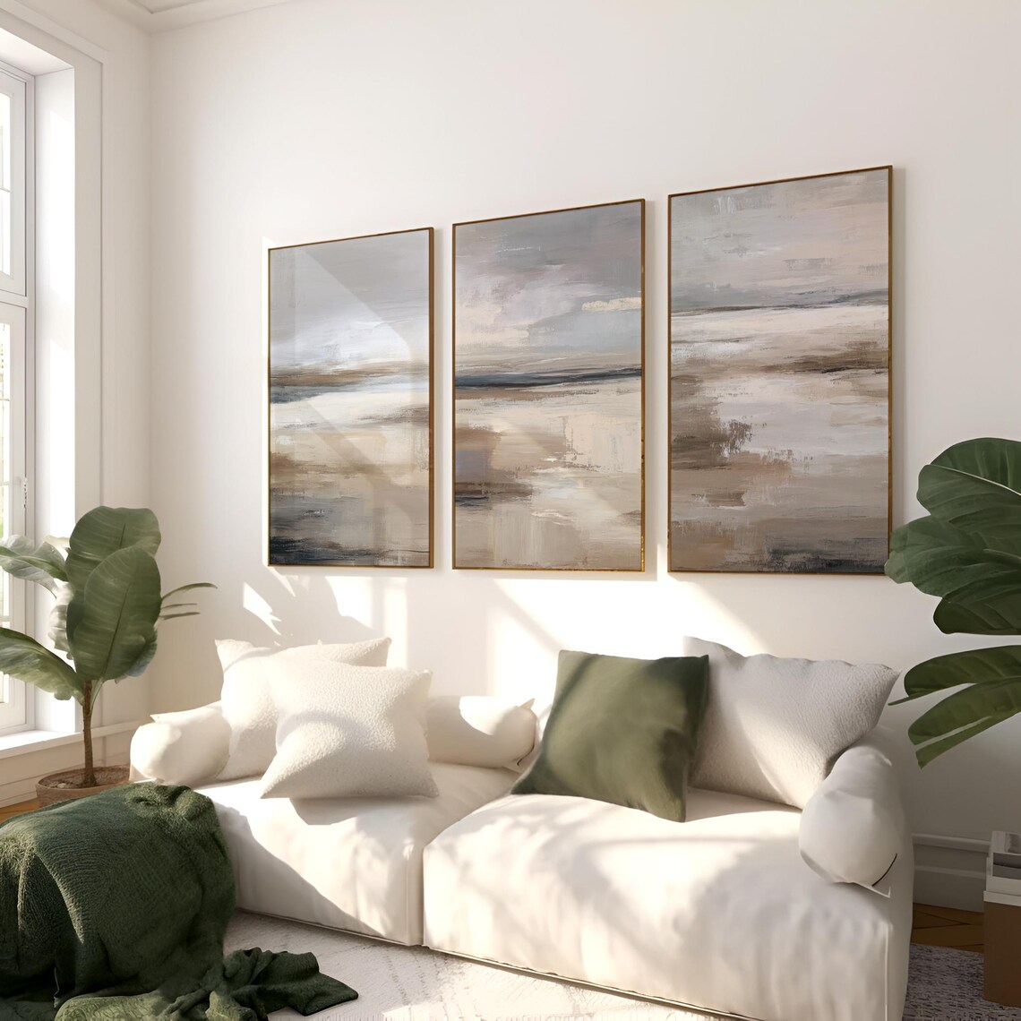 Modern Neutral Abstract Triptych Wall Art Set – Beige Grey Minimalist ...