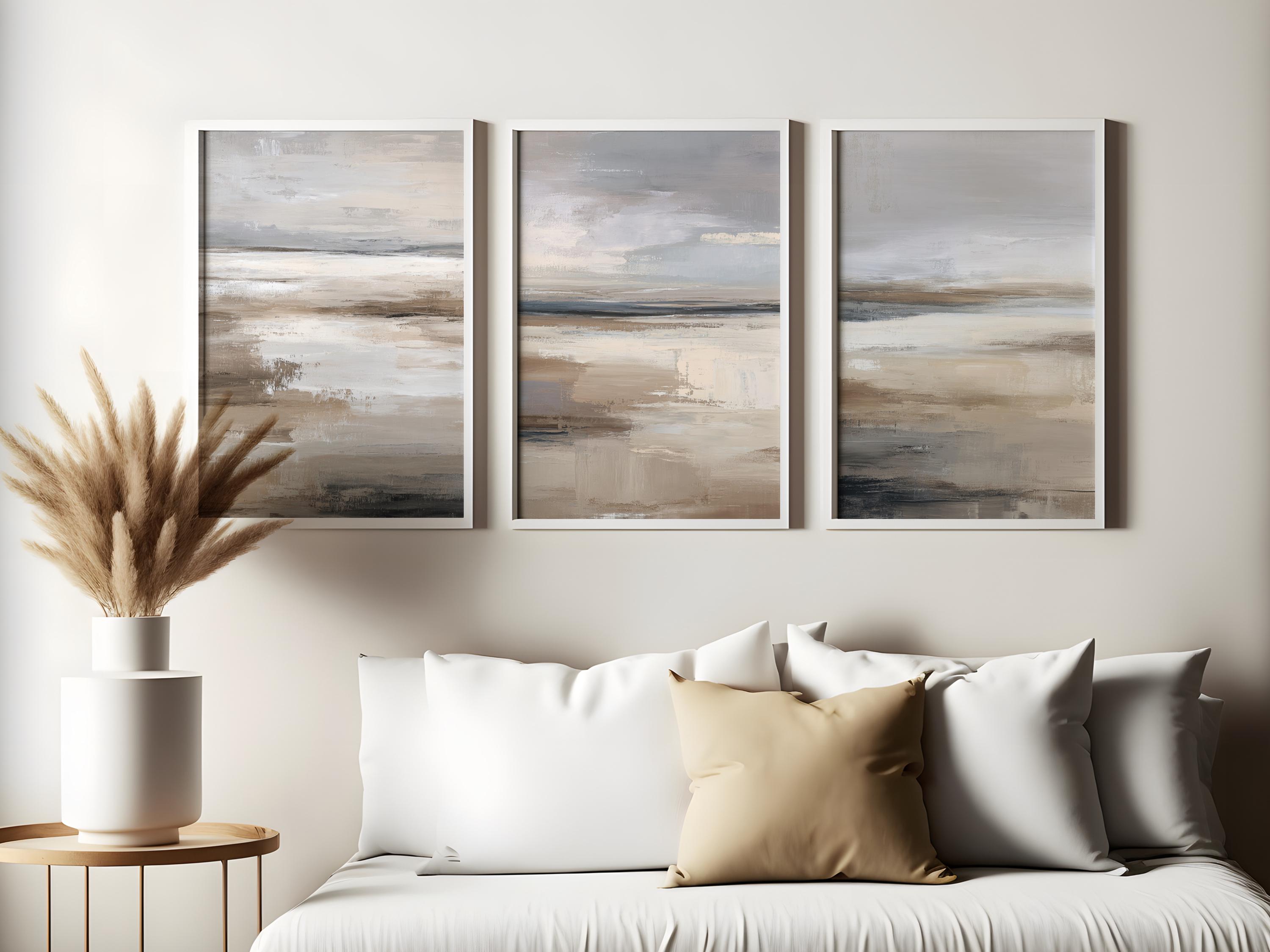 Modern Neutral Abstract Triptych Wall Art Set – Beige Grey Minimalist ...