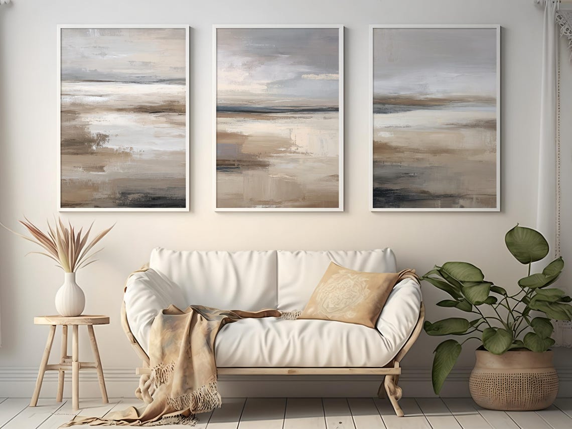 Modern Neutral Abstract Triptych Wall Art Set – Beige Grey Minimalist ...