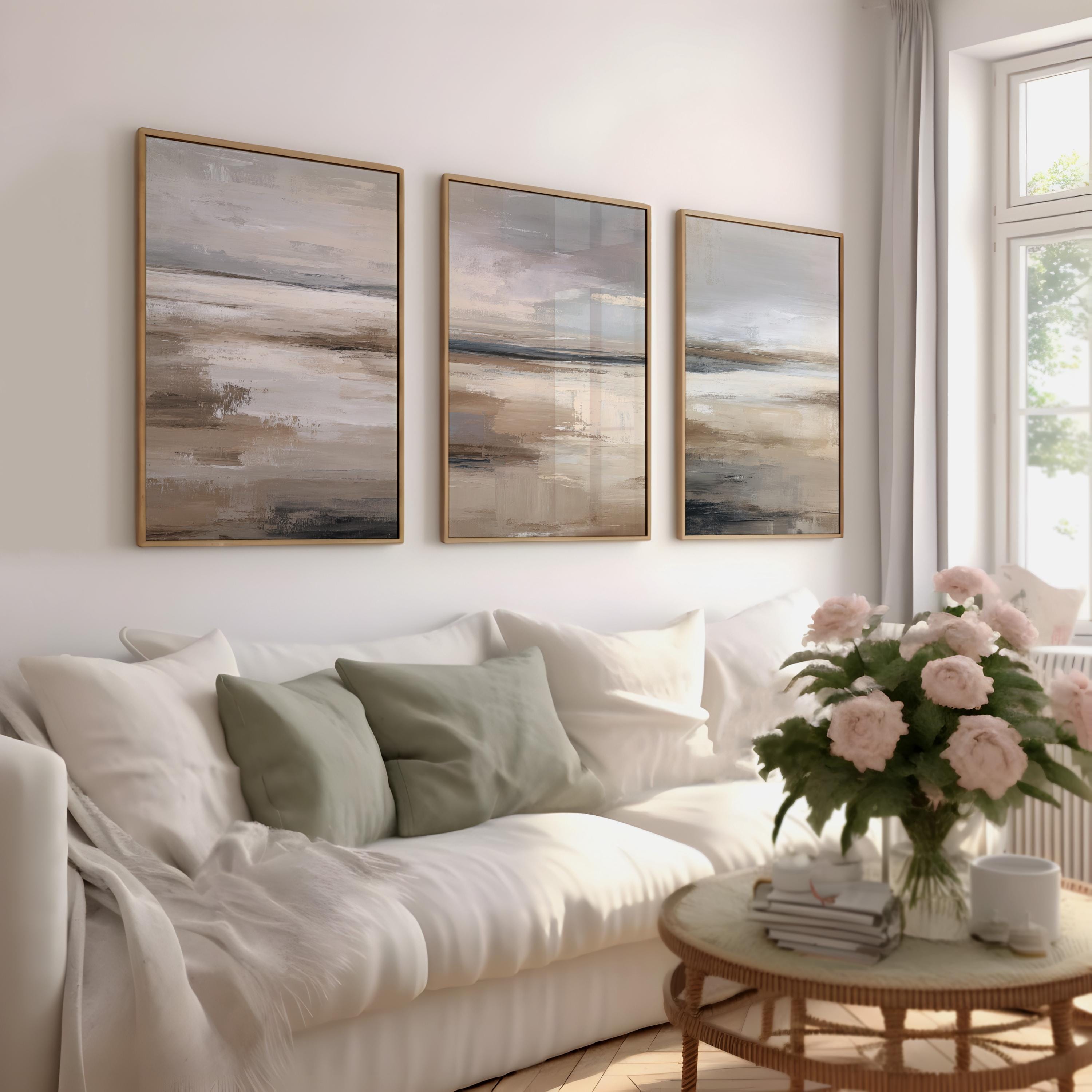 Modern Neutral Abstract Triptych Wall Art Set – Beige Grey Minimalist ...