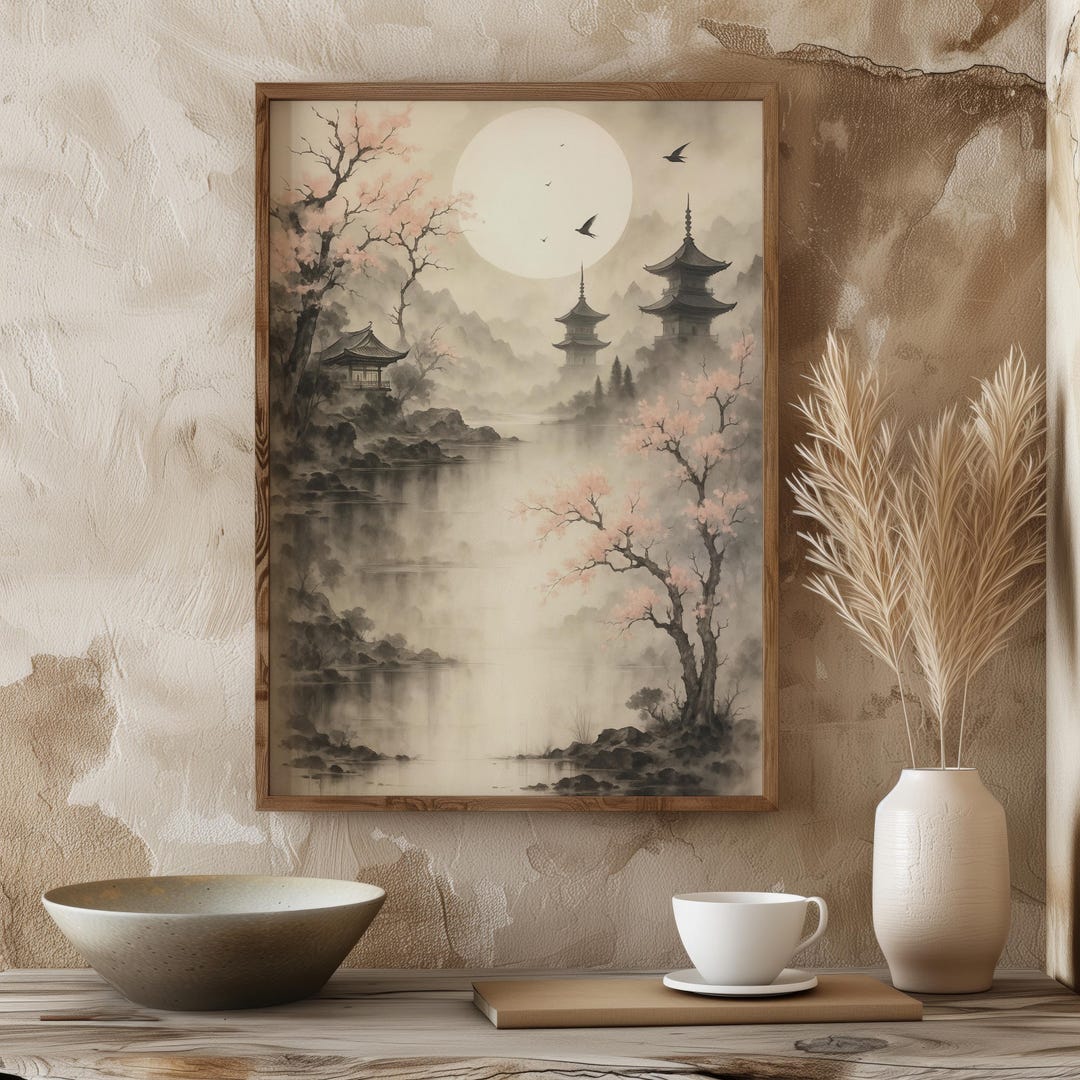 Japanese Temple Cherry Blossom Print: Sumi-e Zen Landscape (digital ...