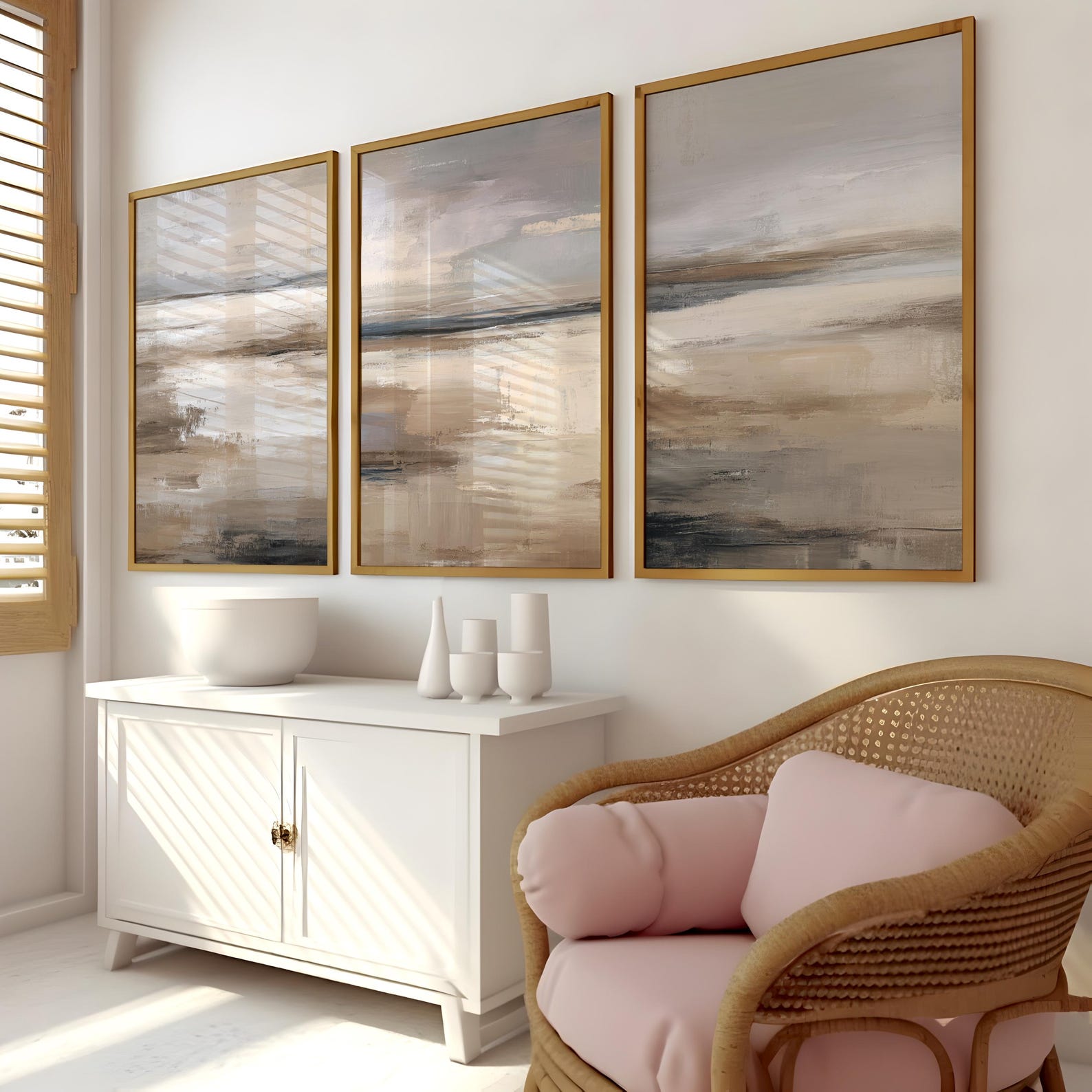Modern Neutral Abstract Triptych Wall Art Set – Beige Grey Minimalist ...