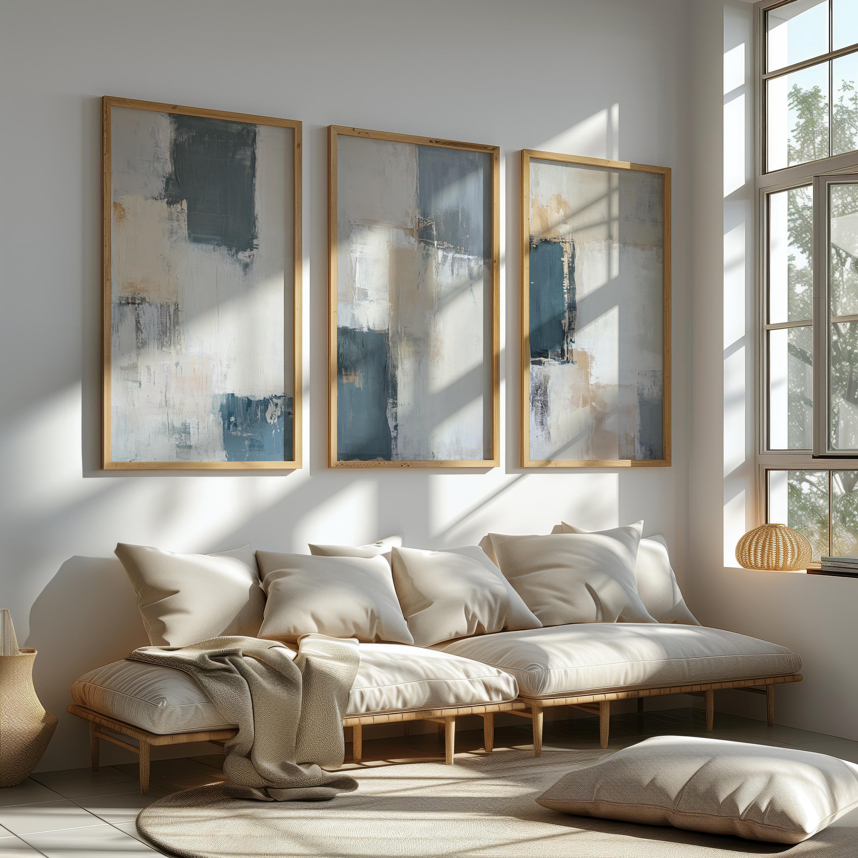 Abstract Triptych Wall Art: Beige Blue Industrial Decor (digital ...