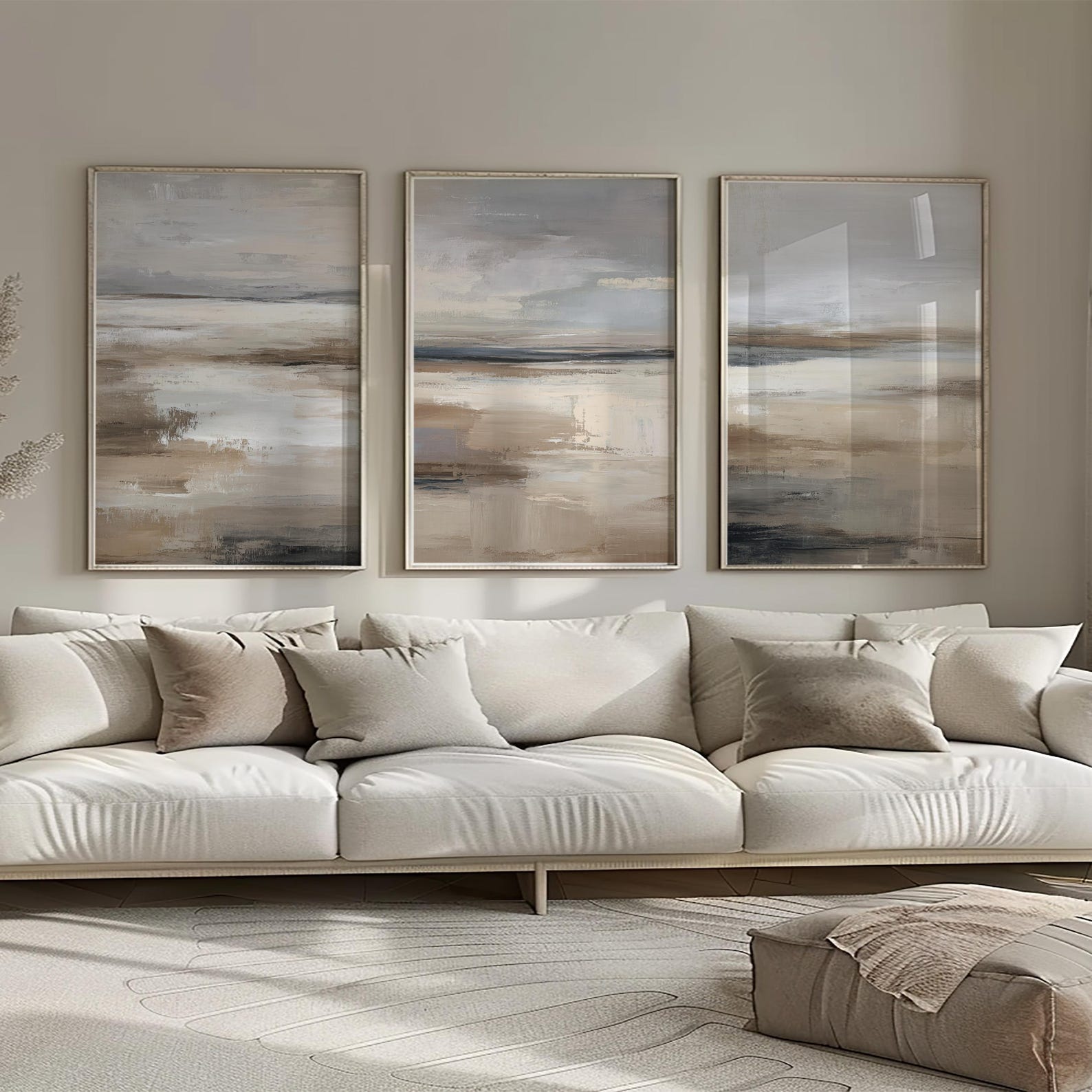 Modern Neutral Abstract Triptych Wall Art Set – Beige Grey Minimalist ...