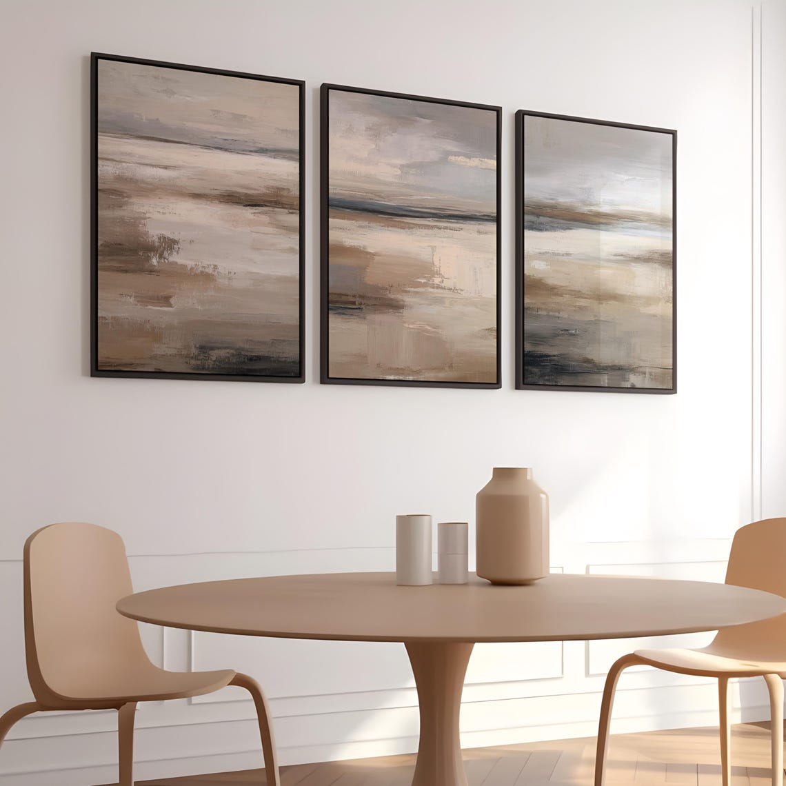Modern Neutral Abstract Triptych Wall Art Set – Beige Grey Minimalist ...