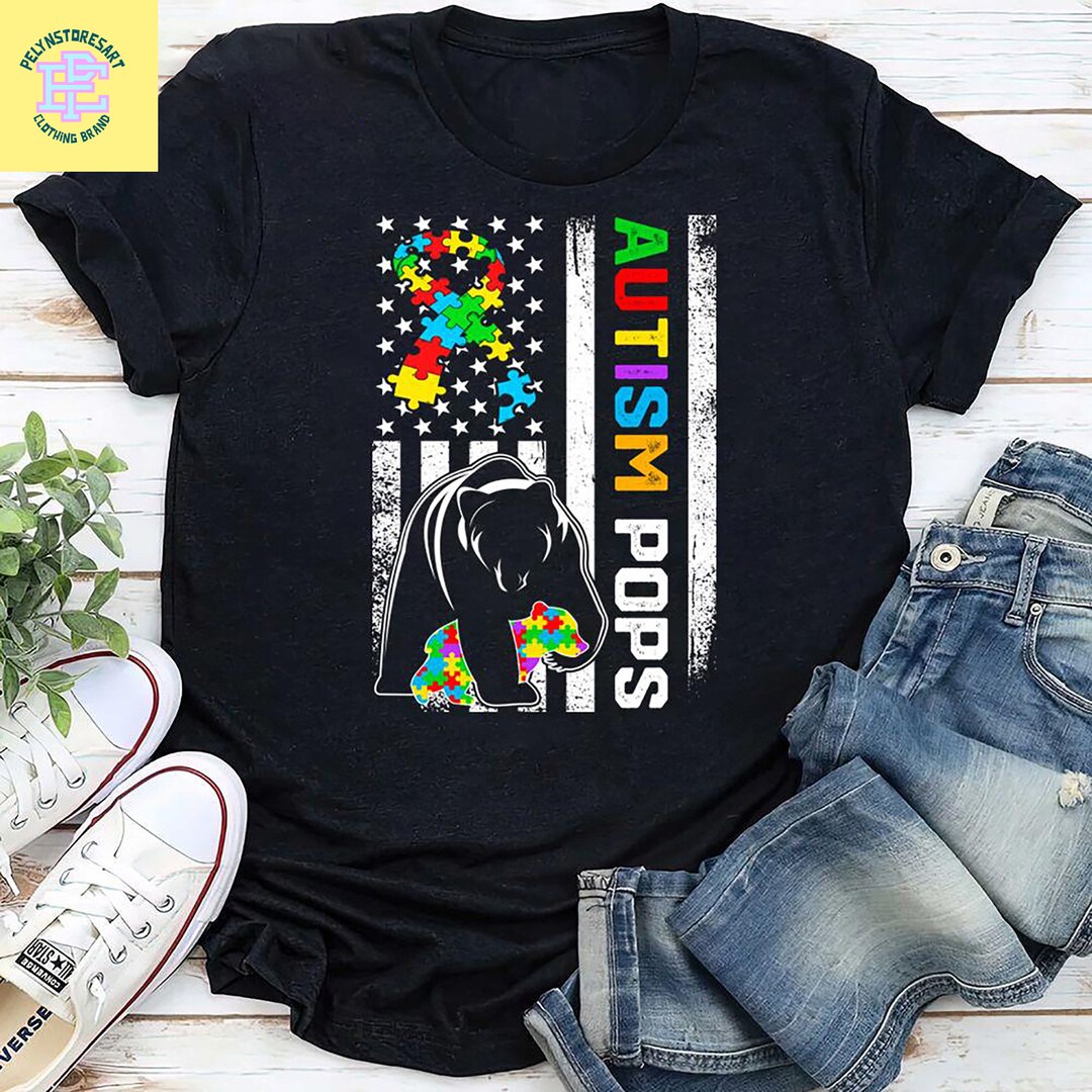 Retro Distressed American Flag Autism Bear Pops T-shirt, Autism ...