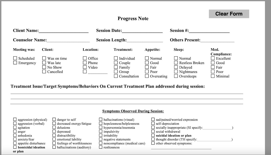 DIGITAL - Mental Health Progress Notes - Fillable & Reusable PDF - Etsy