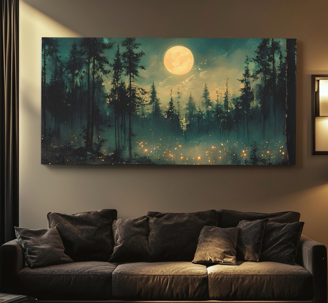 Full Moon Pine Tree Forest Canvas, Vintage Landscape Oil Painting Print ...