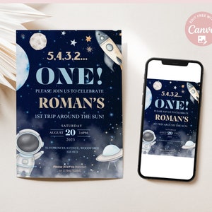 Editable First Trip Around the Sun Blue Birthday Invitation, 1st Birthday Boy Party Invite ...