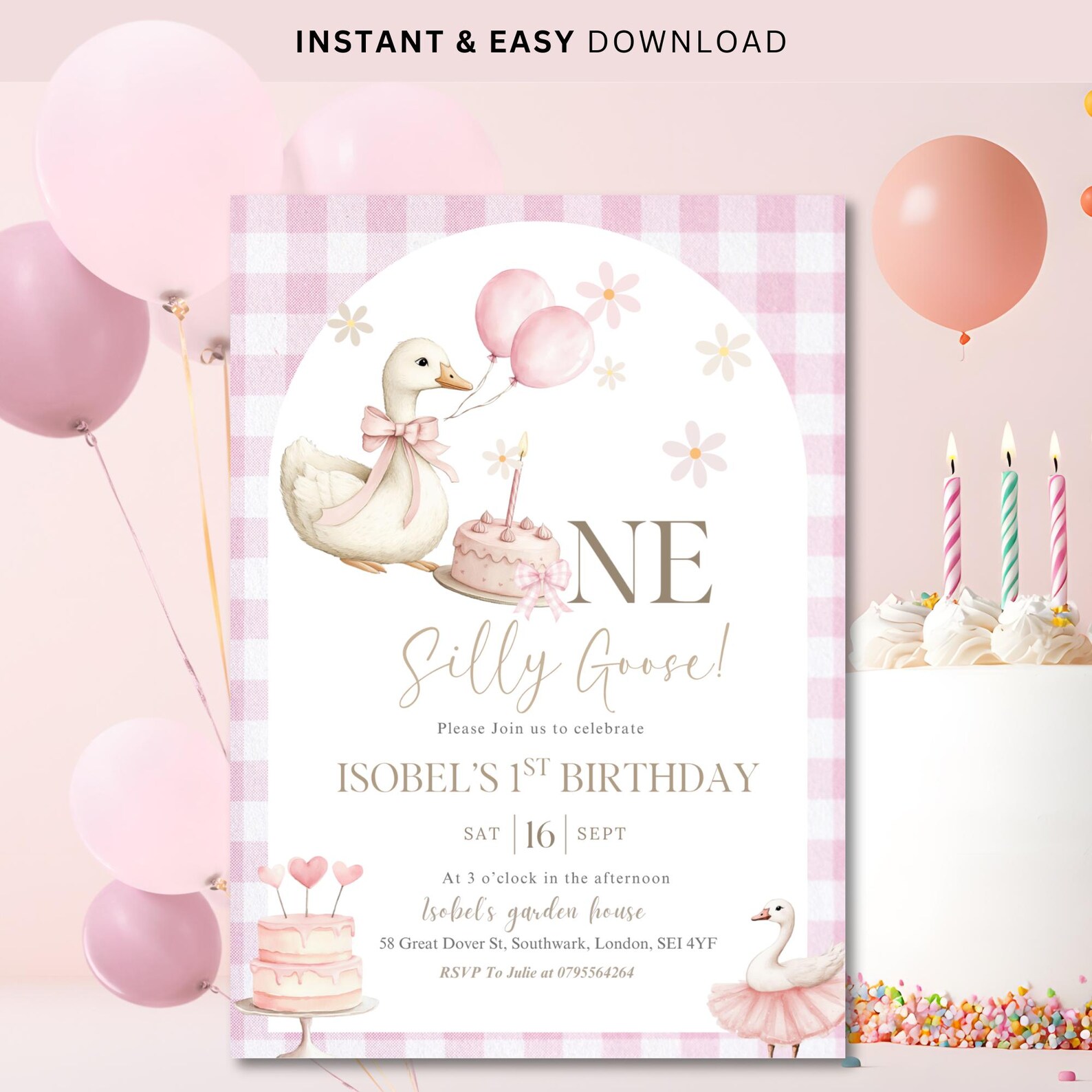 Editable Pink One Silly Goose Birthday Invite, 1st Birthday Girl Pink ...