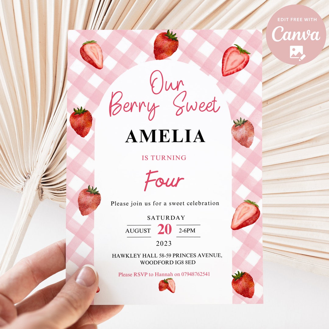 Editable Berry Sweet Birthday Invitation, Strawberry Pink & White ...