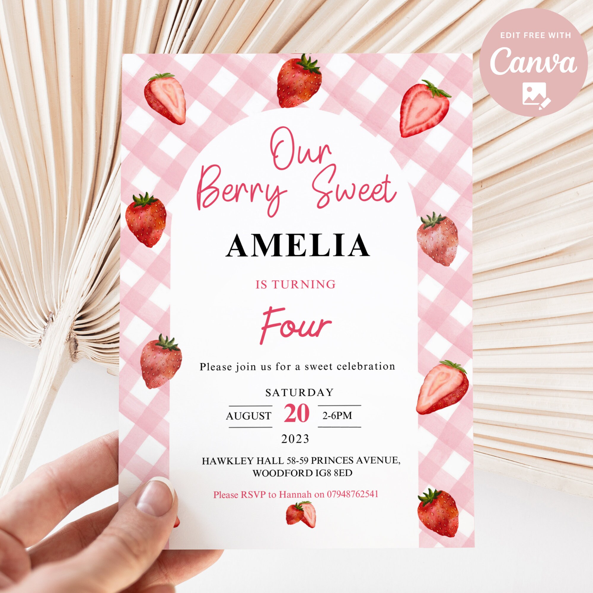 Editable Berry Sweet Birthday Invitation Strawberry Pink & - Etsy