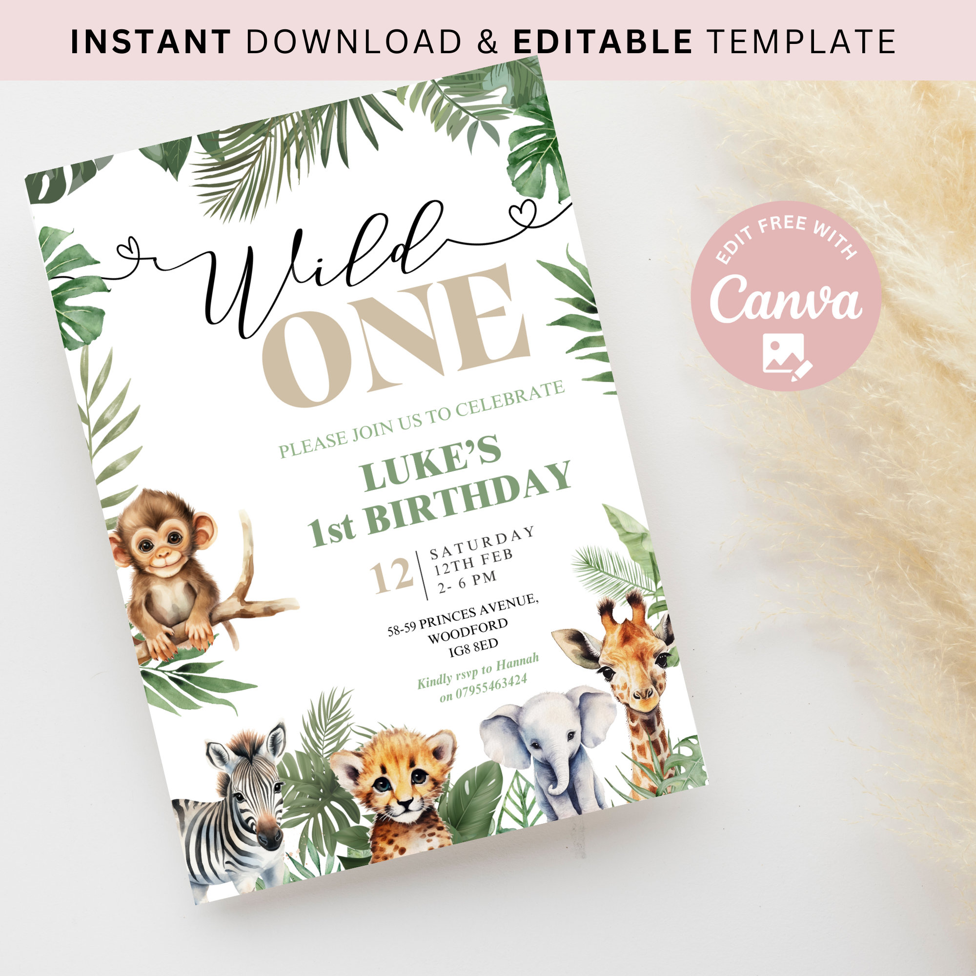 Editable Safari Wild One Gender Neutral 1st Birthday Invitation, Wild ...