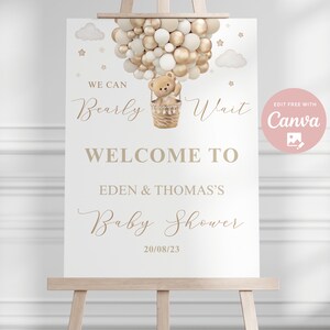 Editable Gender Neutral We Can Bearly Wait Hot Air Balloon Bear Theme ...