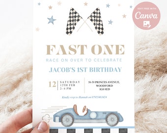 Editable Fast One Racing Car First Birthday Invitation 1st Birthday ...