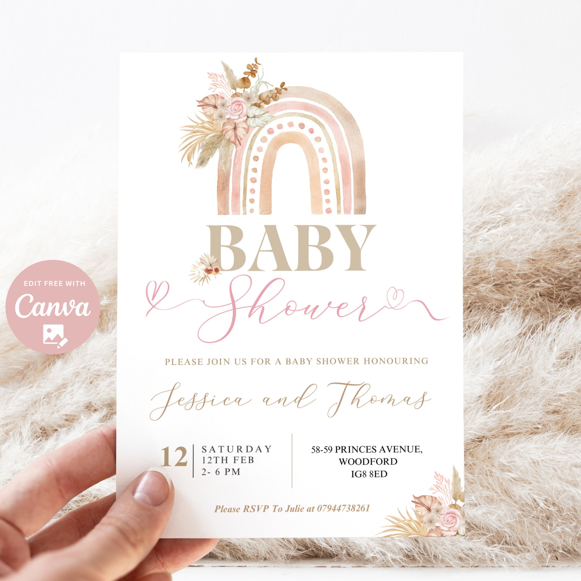Editable Boho Rainbow Baby Shower Invitation Pink Baby Girl Pampas ...