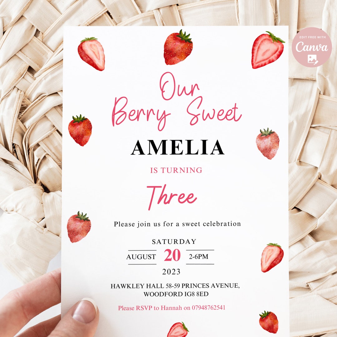 Editable Berry Sweet Birthday Invitation, Strawberry Pink & White ...