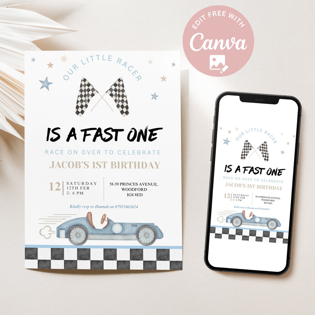 Editable Fast One Racing Car First Birthday Invitation 1st Birthday ...