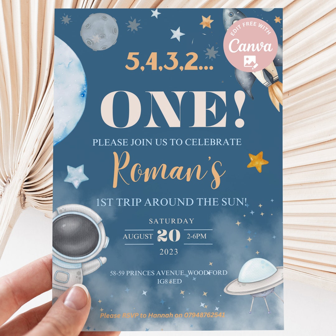 Editable First Trip Around the Sun Blue Birthday Invitation, 1st Birthday Boy Party Invite ...