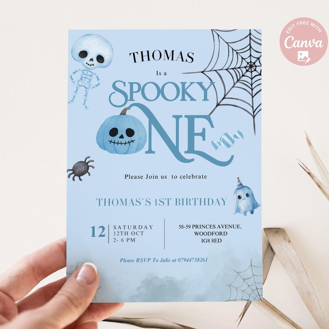 Editable Halloween Spooky One Boy 1st Birthday Digital Invitation, Blue ...
