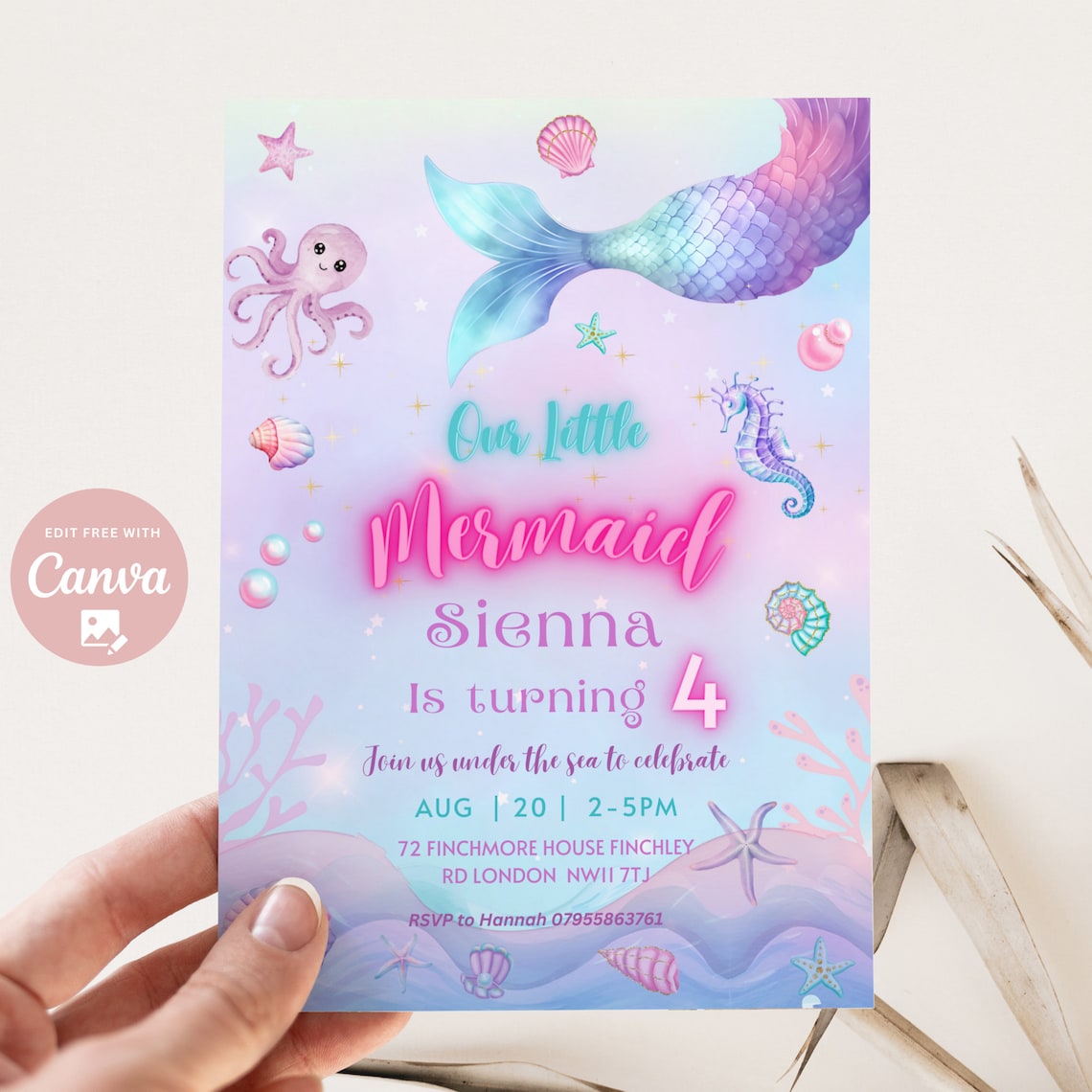 Editable Mermaid Birthday Invitation Girls Mermaid Invite - Etsy
