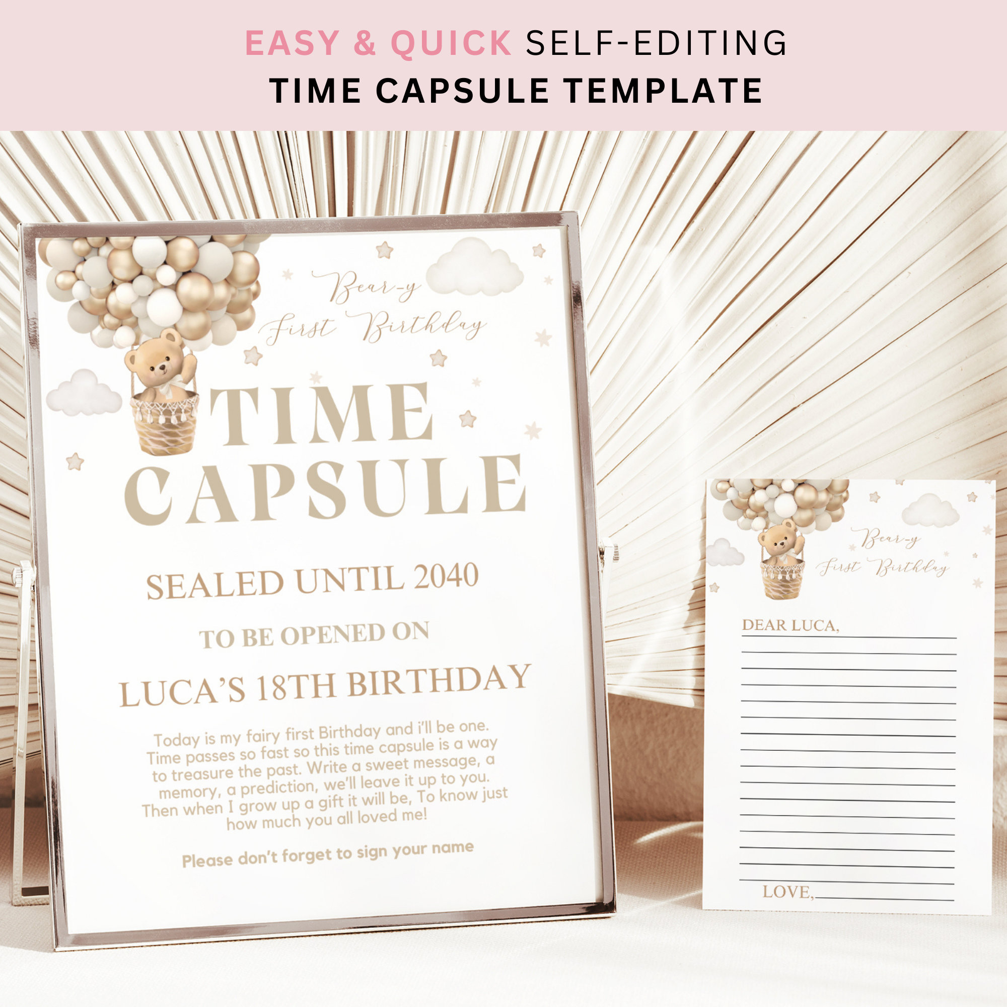 Editable Gender Neutral 1st Birthday Bear Time Capsule Sign - Etsy