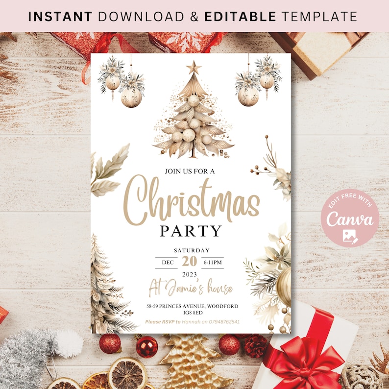 Editable Neutral Boho Christmas Party Invitation Christmas Party Invite ...