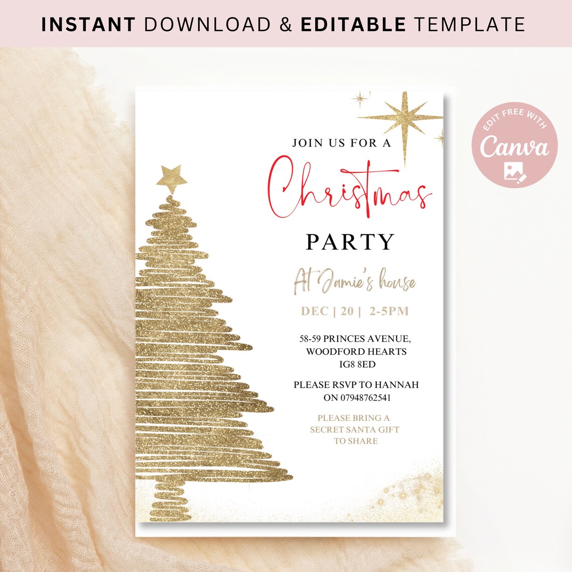 Editable Gold Christmas Party Invitation Christmas Party Invite ...