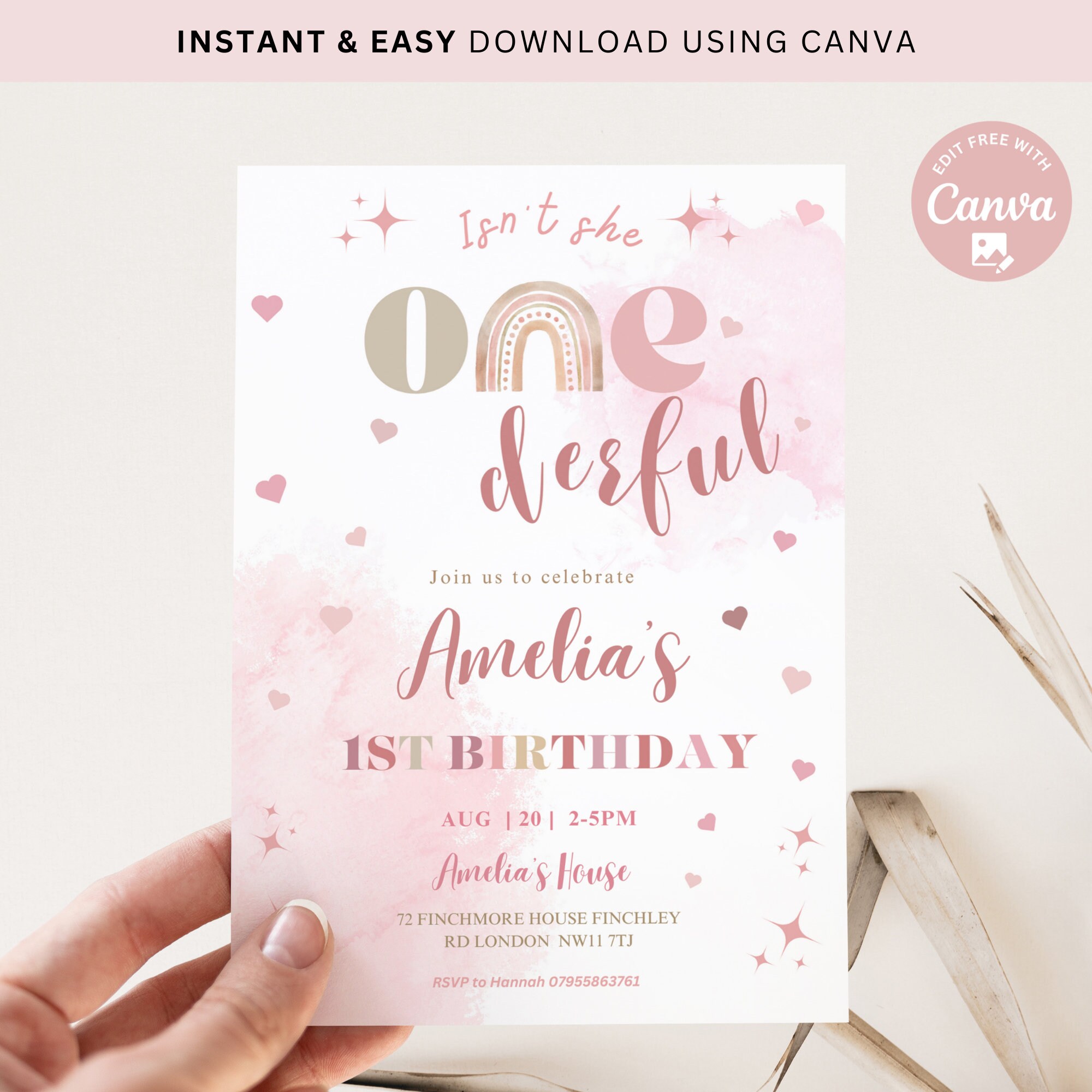 Editable Boho Pink Rainbow Onederful 1st Birthday Invitation Isnt She ...