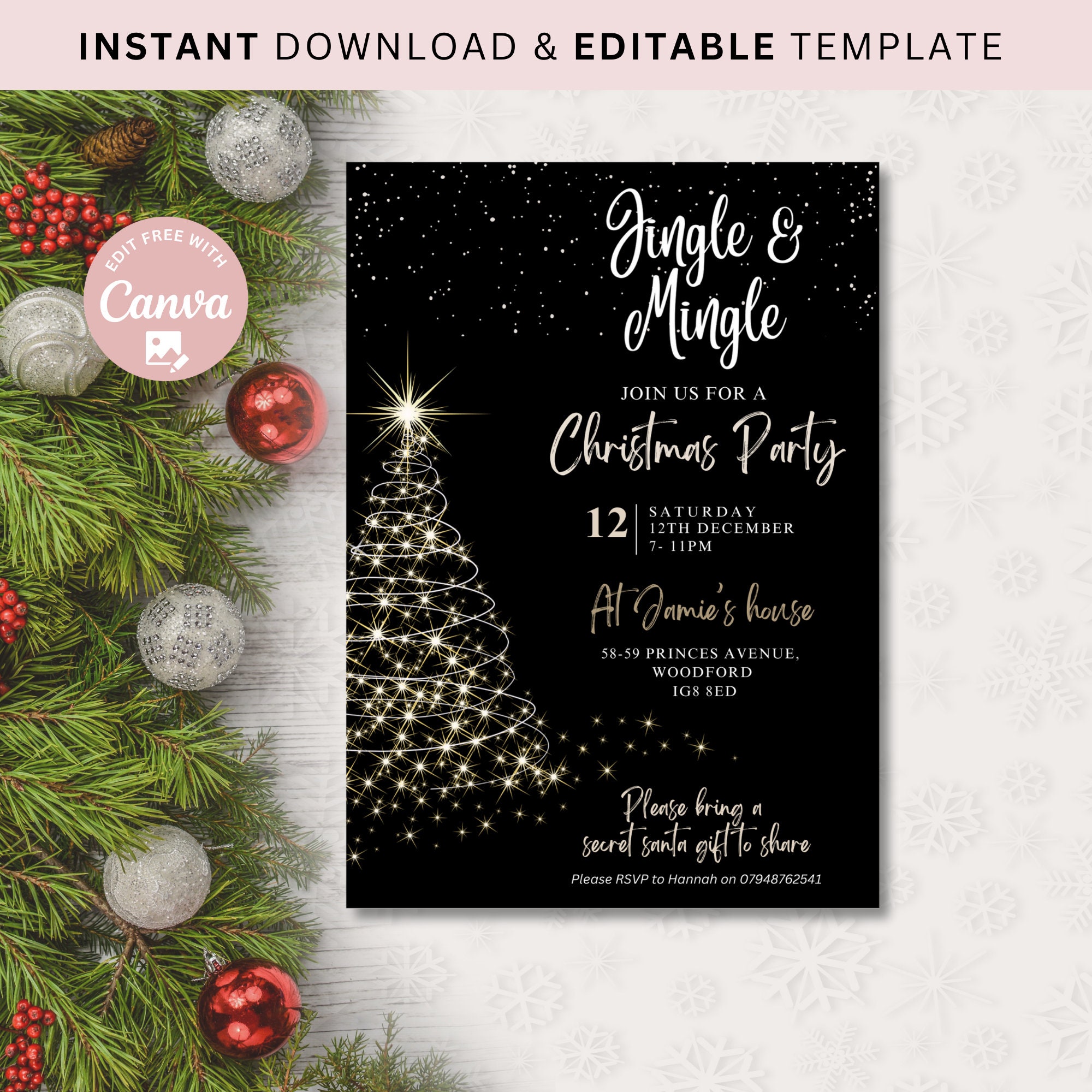 Editable Christmas Party Invitation Christmas Black Party Invite ...