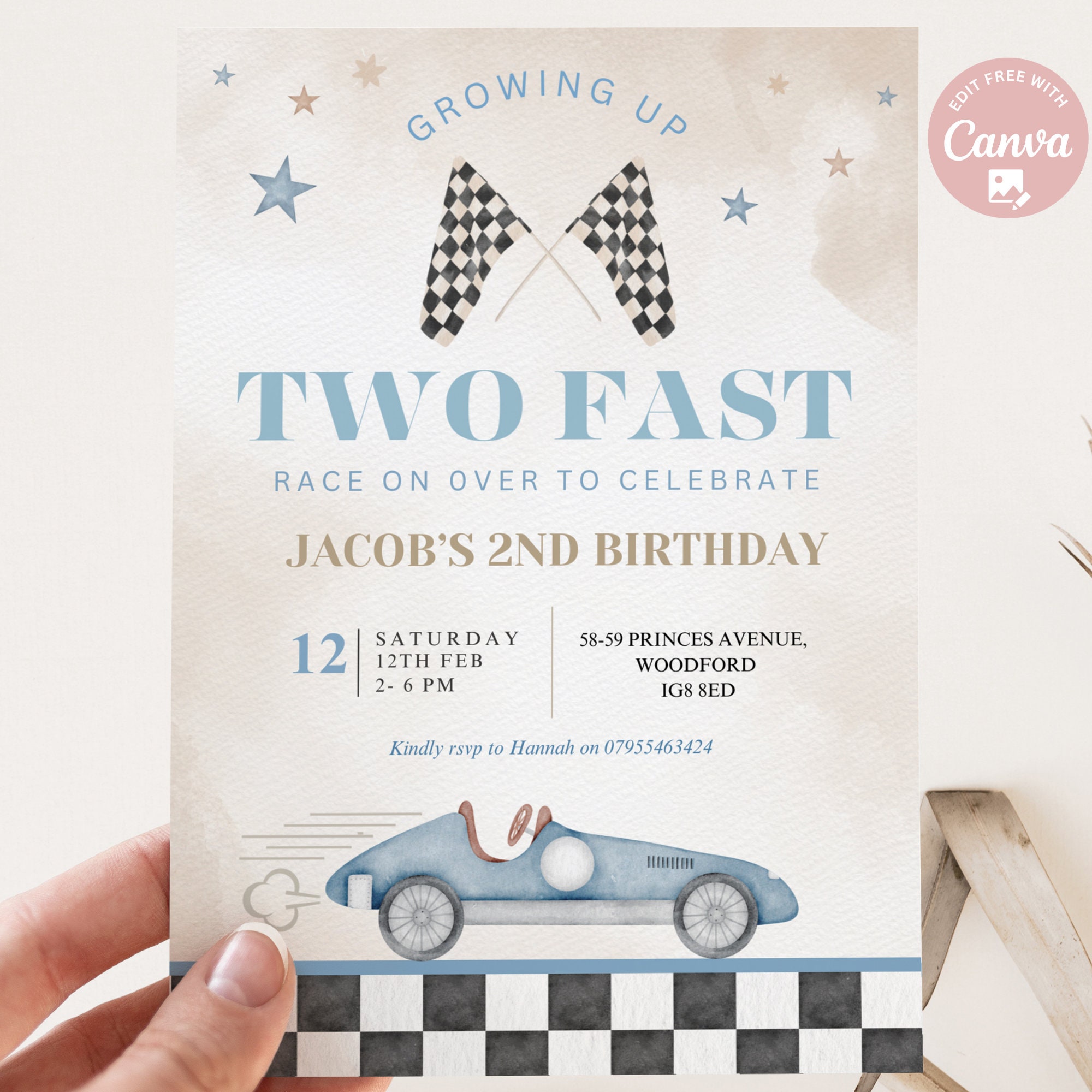 Editable Blue Two Fast Birthday Invitation Race Car 2nd - Etsy