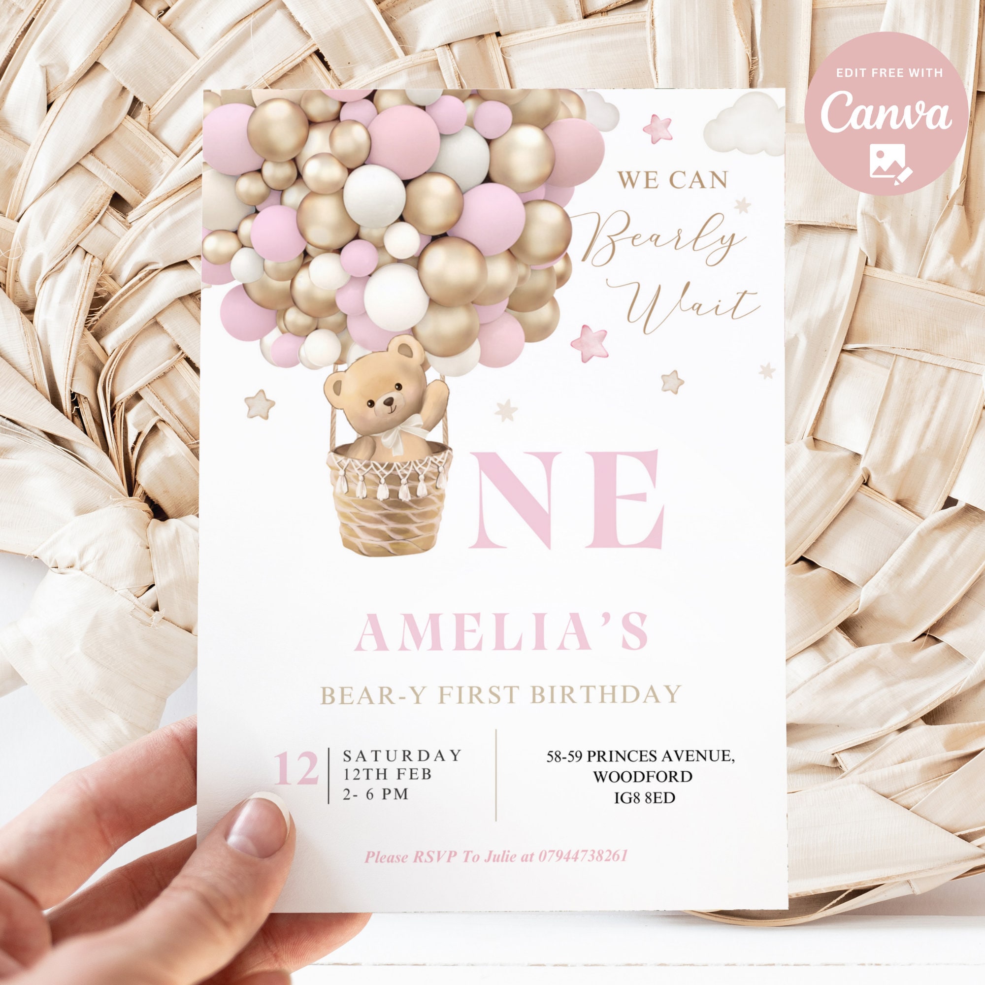 Editable 1st Birthday Girl Teddy Bear Hot Air Balloon Bear Theme Beary ...