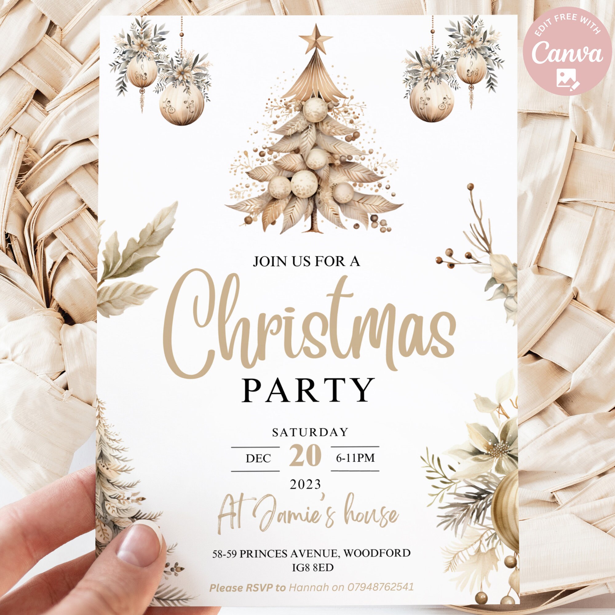 Editable Neutral Boho Christmas Party Invitation Christmas Party Invite ...