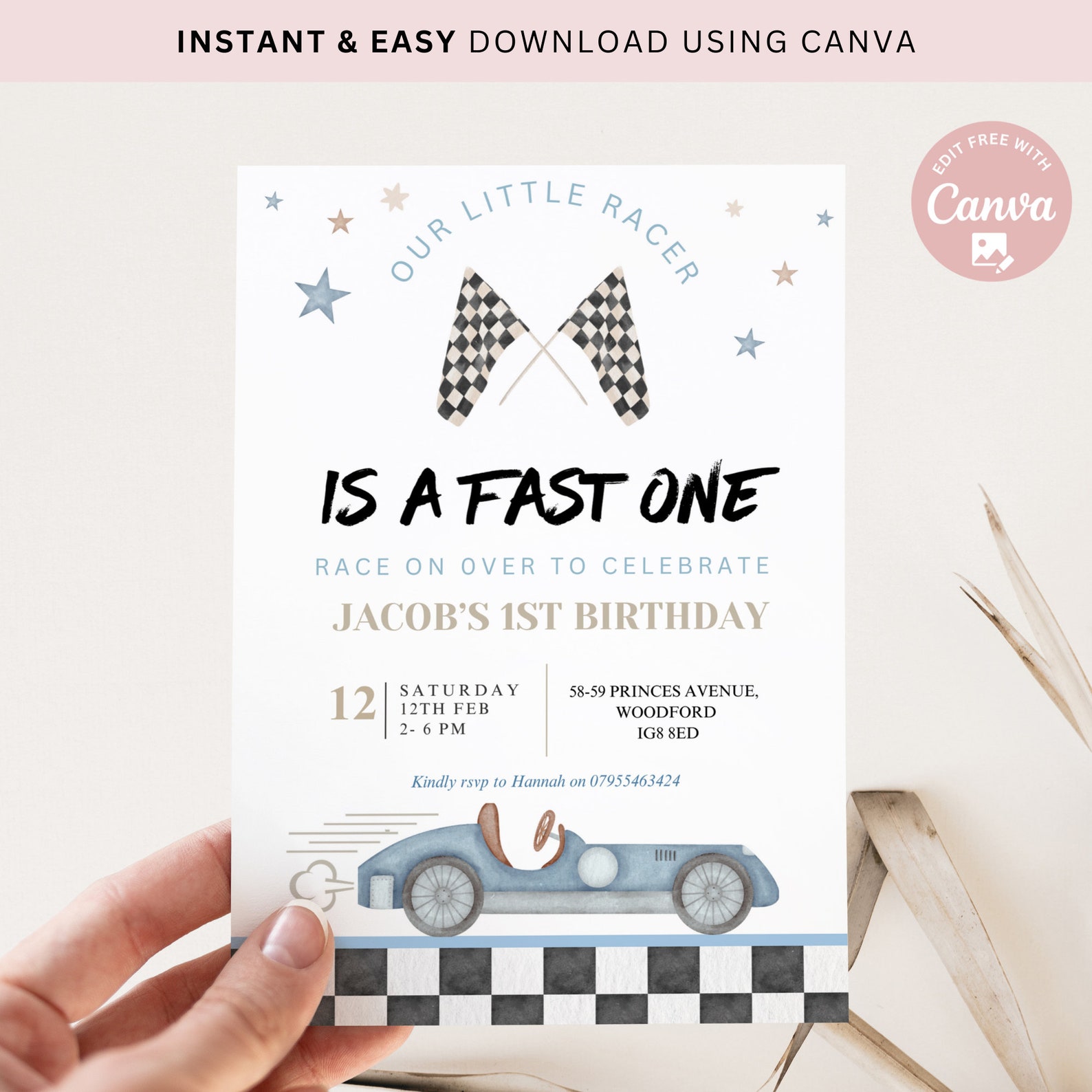 Editable Fast One Racing Car First Birthday Invitation 1st Birthday ...