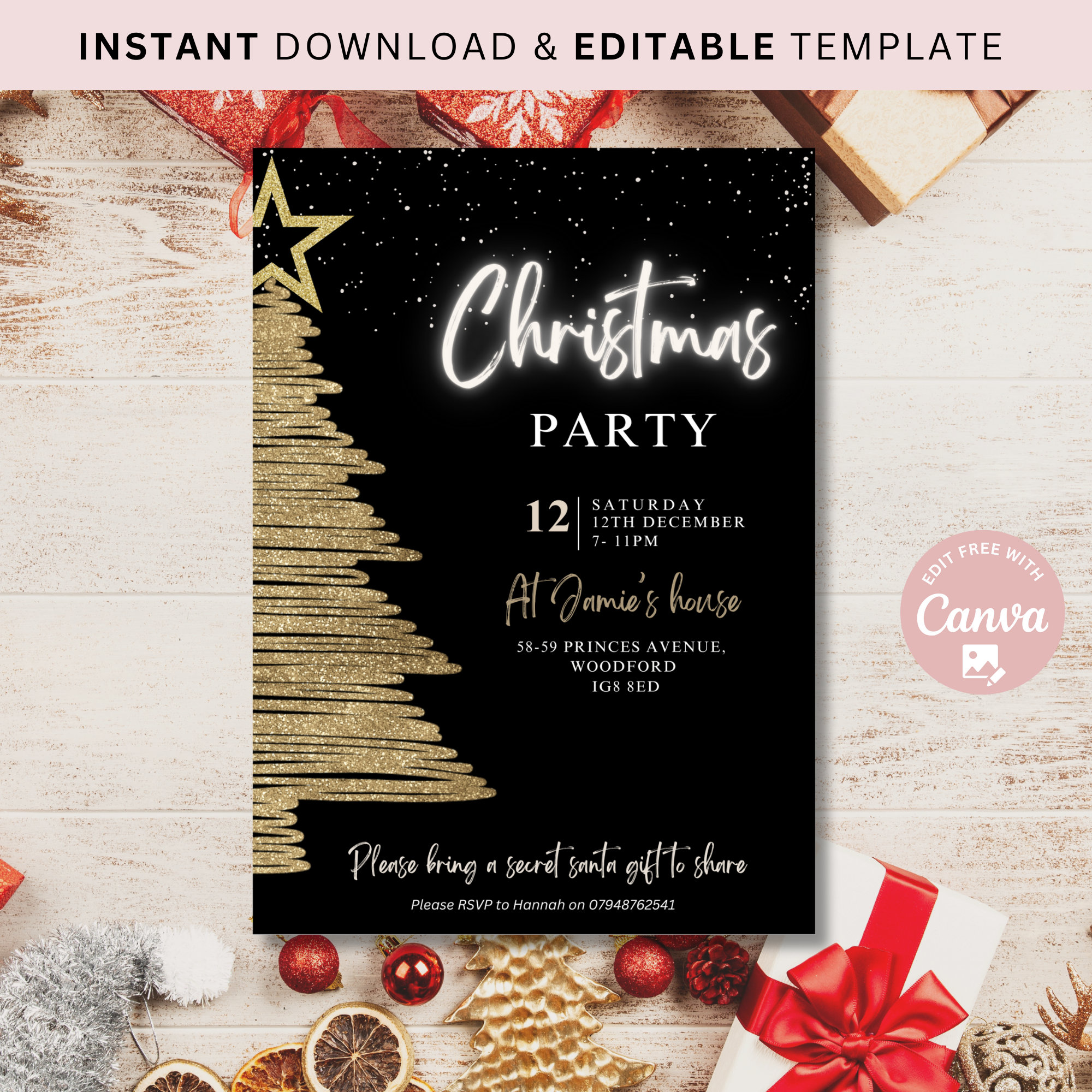 Editable Christmas Party Invitation Christmas Black Party Invite ...