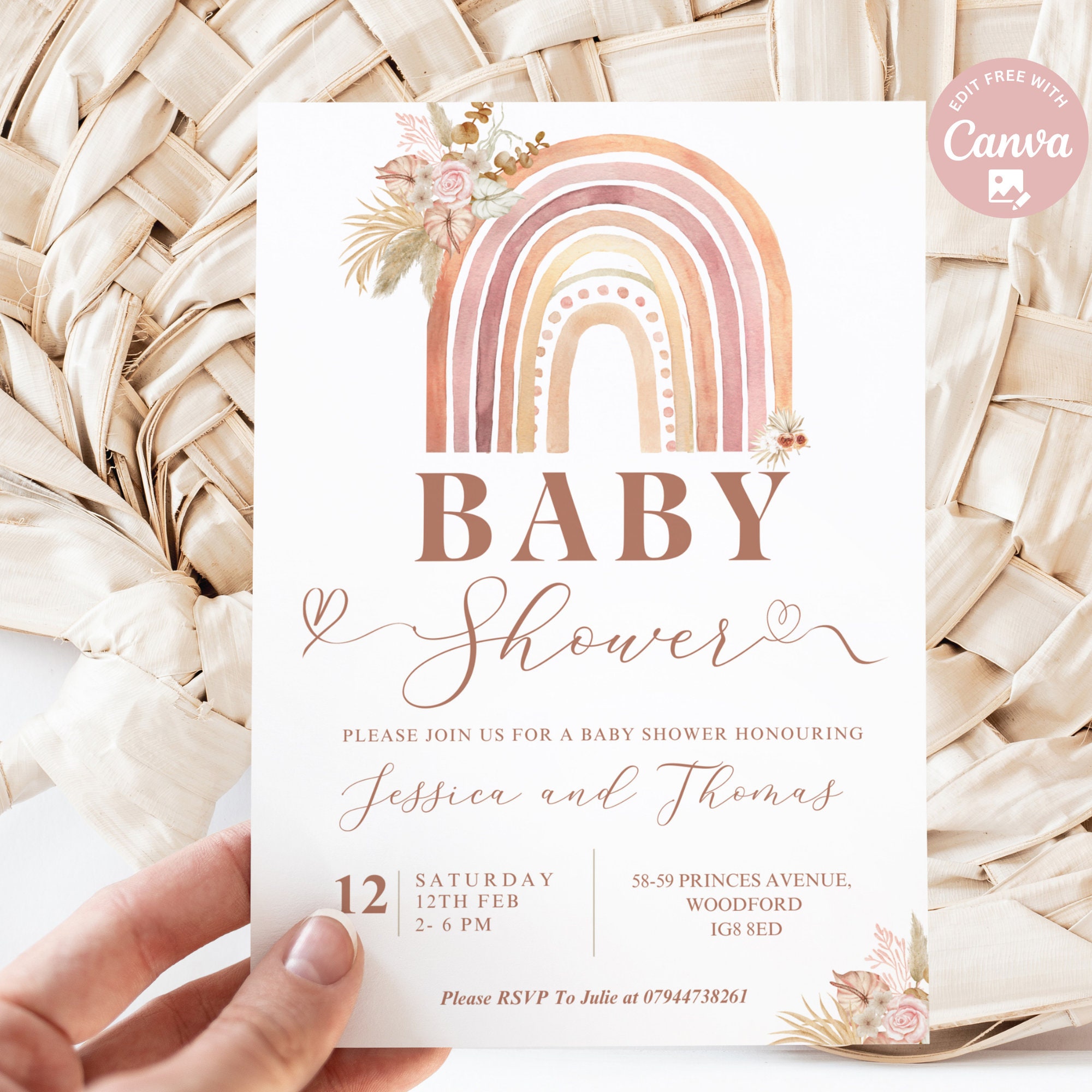 Editable Boho Rainbow Baby Shower Invitation Pink Baby Girl Pampas ...