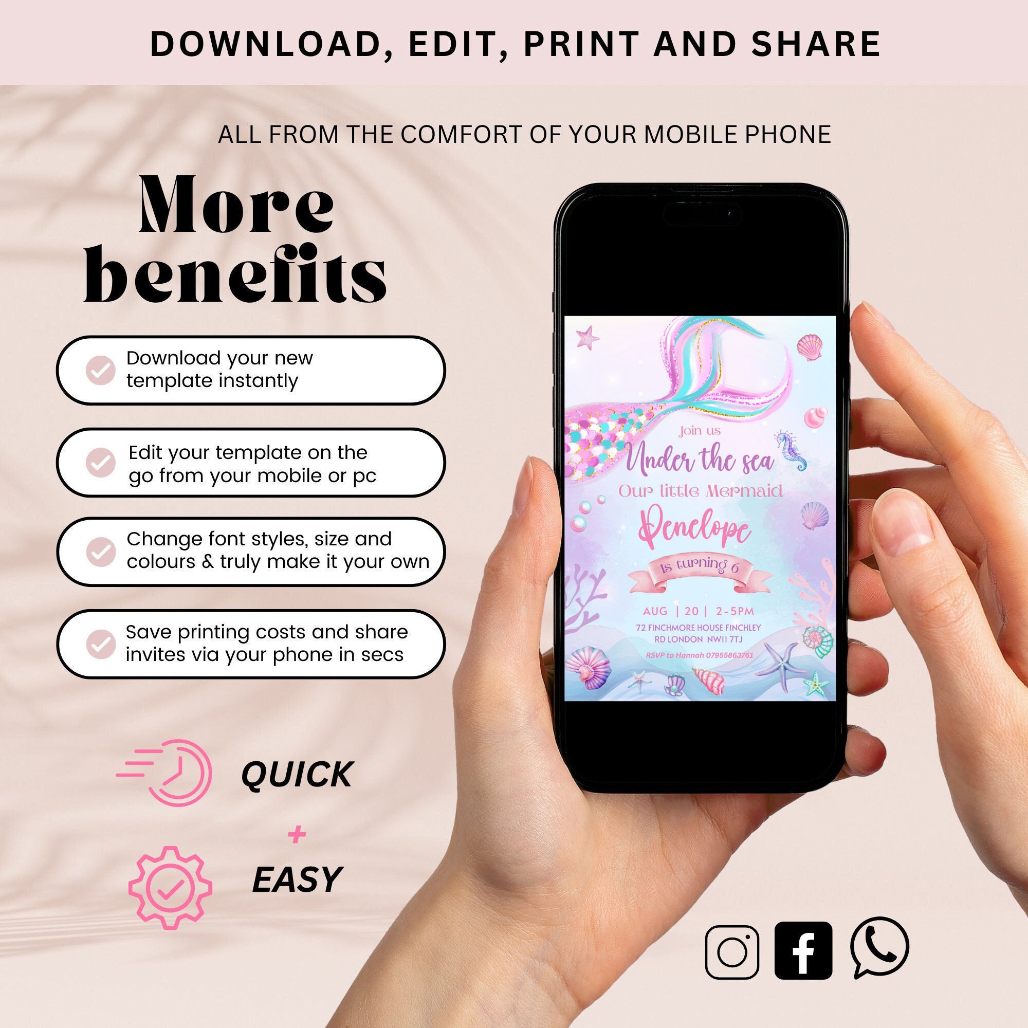 Editable Mermaid Birthday Invitation Girl Mermaid Under the - Etsy