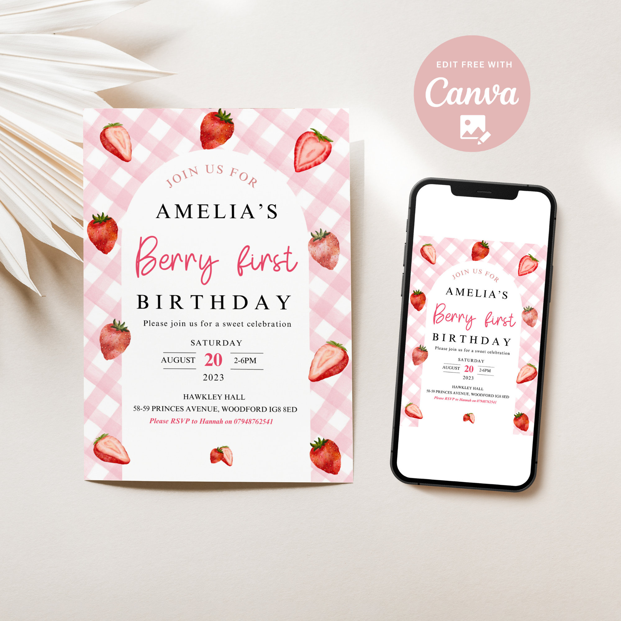 Editable Berry First Birthday Invitation, Strawberry Pink & White ...