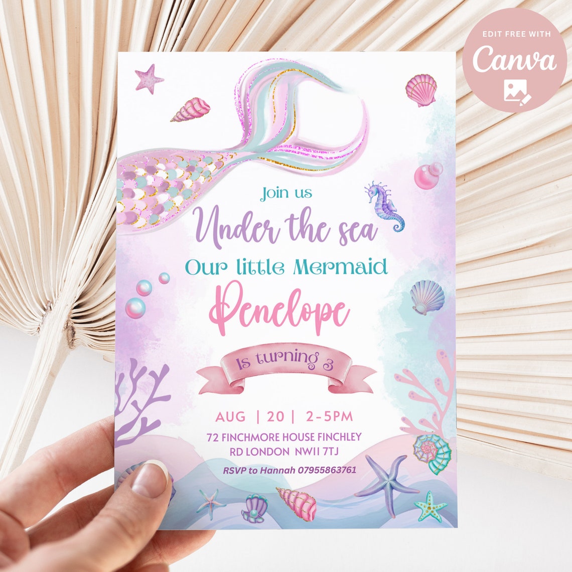 Editable Mermaid Birthday Invitation Girl Mermaid Under the - Etsy