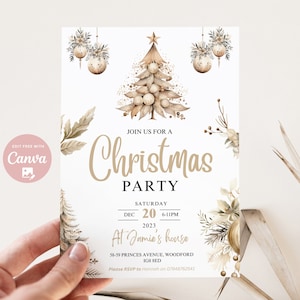 Editable Neutral Boho Christmas Party Invitation Christmas Party Invite ...