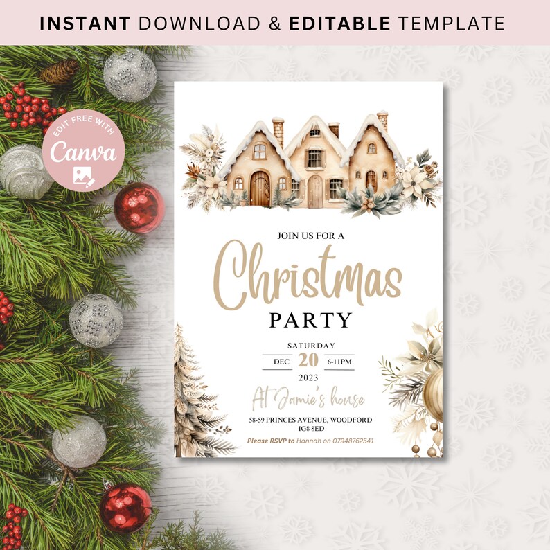 Editable Neutral Boho Christmas Party Invitation Christmas Party Invite ...