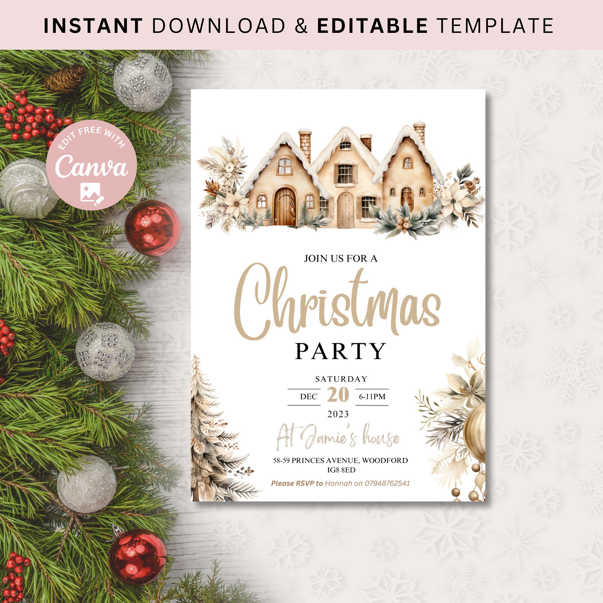 Editable Neutral Boho Christmas Party Invitation Christmas Party Invite ...