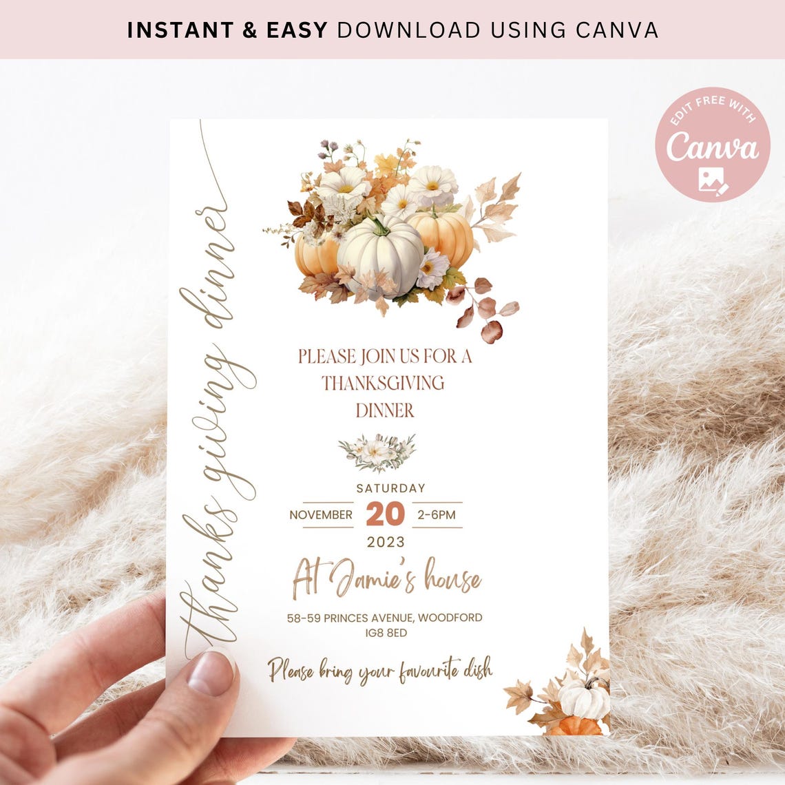 Editable Thanksgiving Dinner Invitation Let's Give Thanks Pumpkin ...