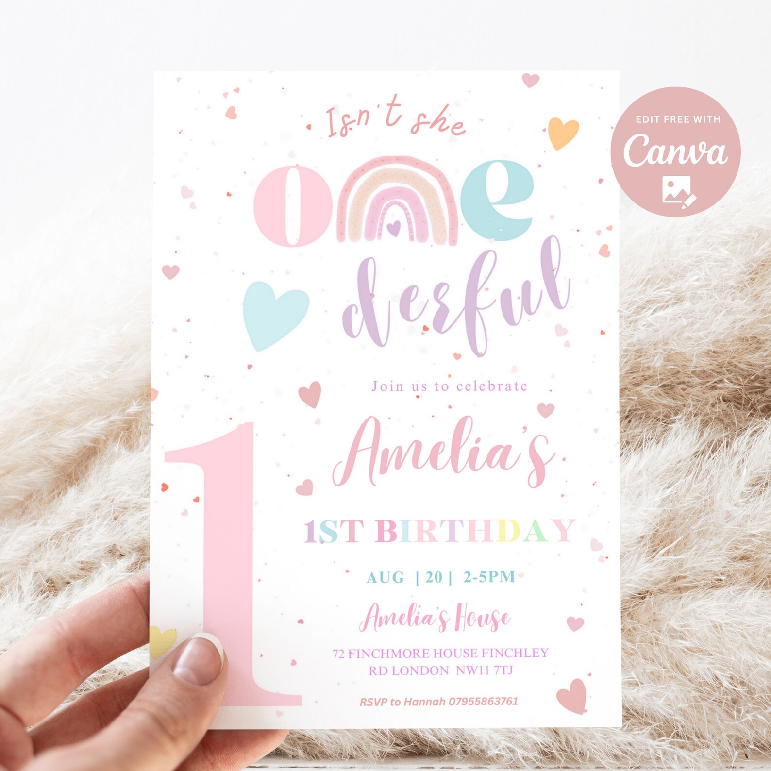 Editable Pastel Boho Rainbow Onederful 1st Birthday Invitation Isnt She ...