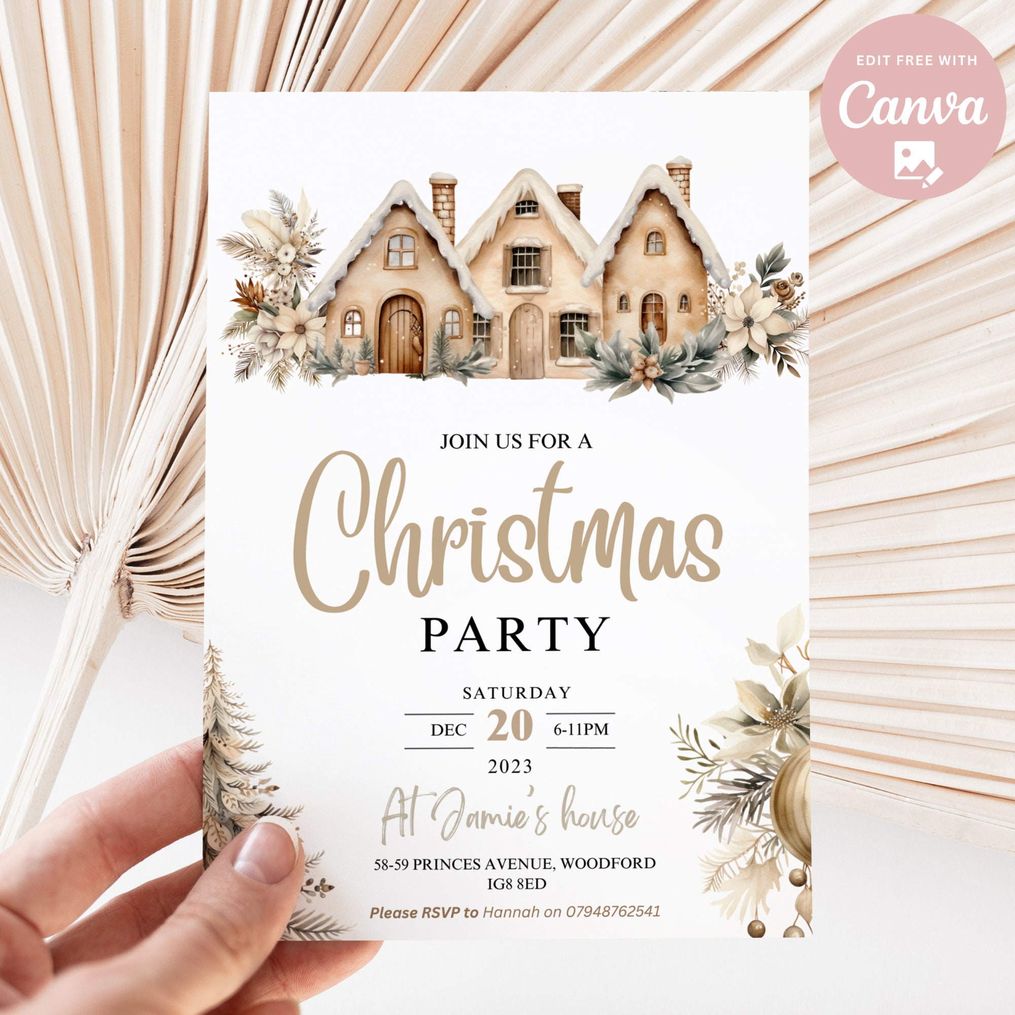 Editable Neutral Boho Christmas Party Invitation Christmas Party Invite ...