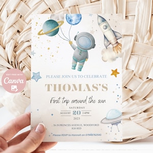 Editable Neutral First Trip Around the Sun Space Birthday Party Invitation,1st Birthday Party ...