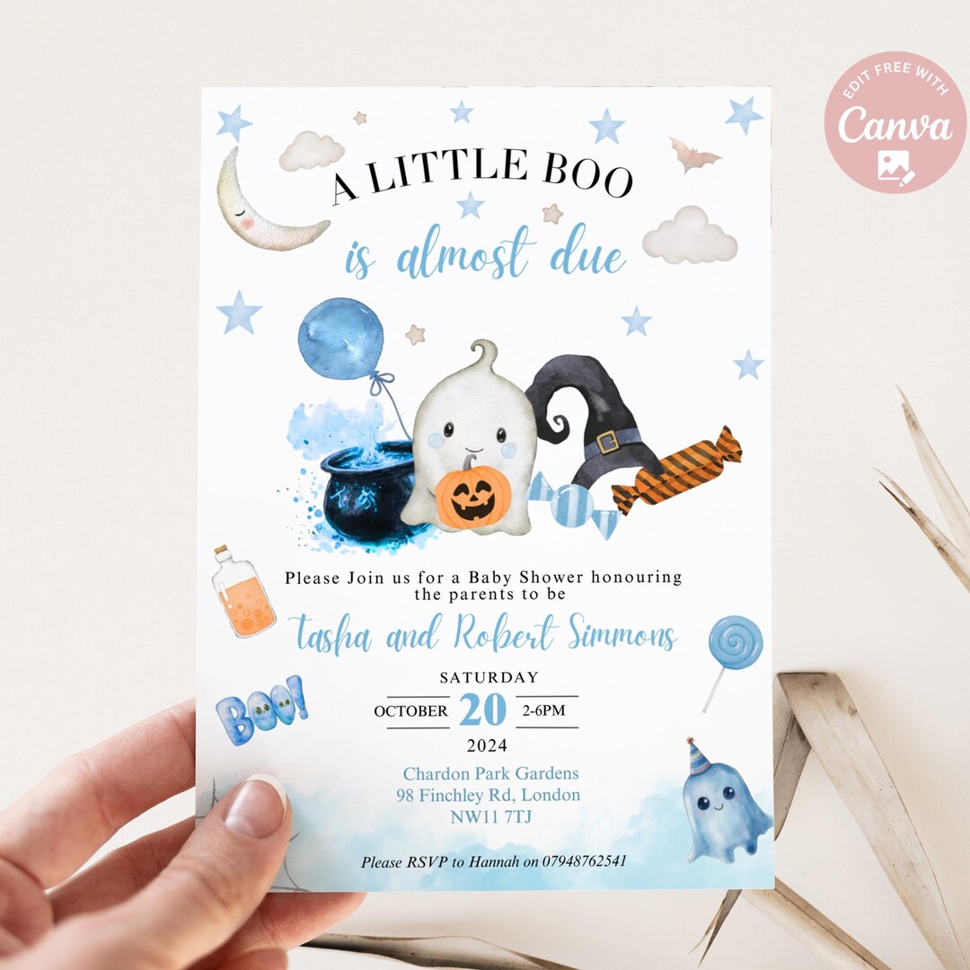 Editable Blue A Little Boo is Almost Due Baby Shower Invitation Boy ...