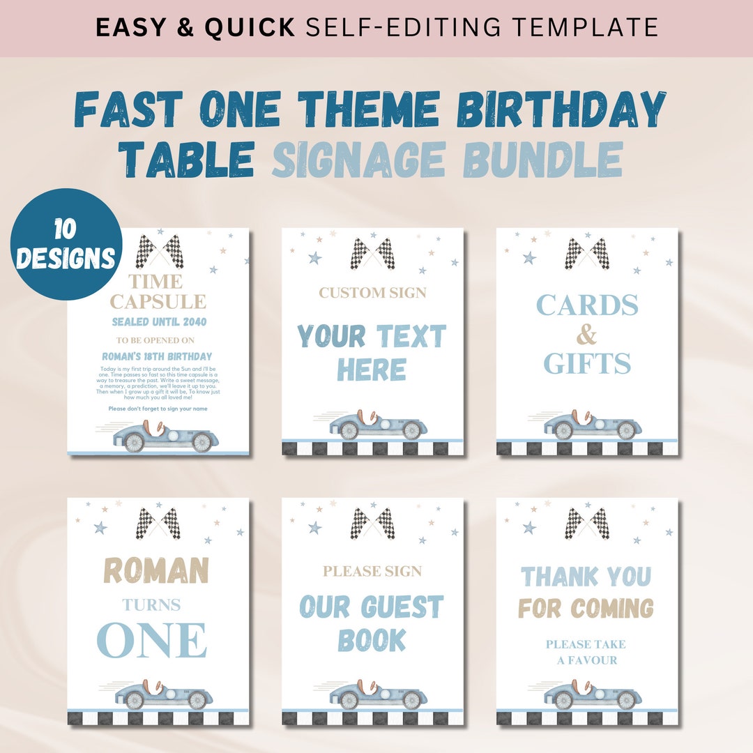 Editable Fast One Racing Car First Birthday Party Sign Bundle 1st ...